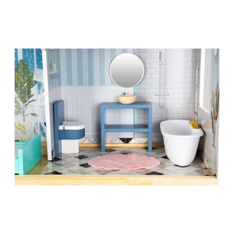 Casuta de papusi XXL din lemn cu mobilier, terasa, catel si leagan ...