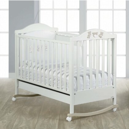 Patut bebe balansoar din lemn masiv, cu sertar, roti, laterale ...