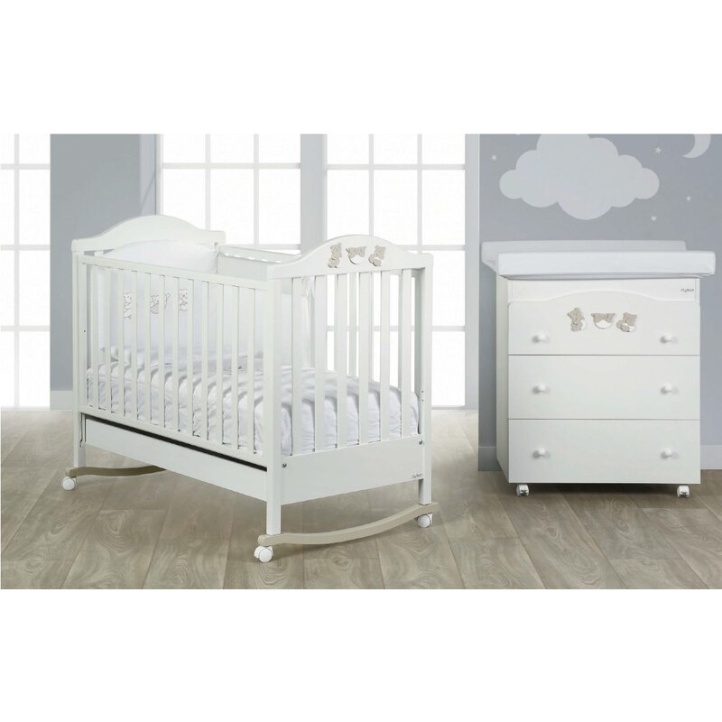 Patut bebe balansoar din lemn masiv, cu sertar, roti, laterale ...