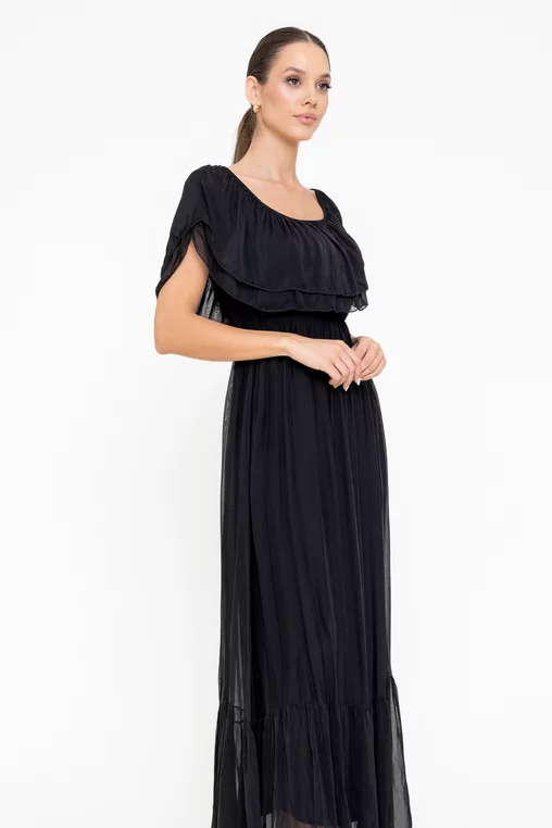 Rochie maxi mătase naturală neagră RBB0507caramel