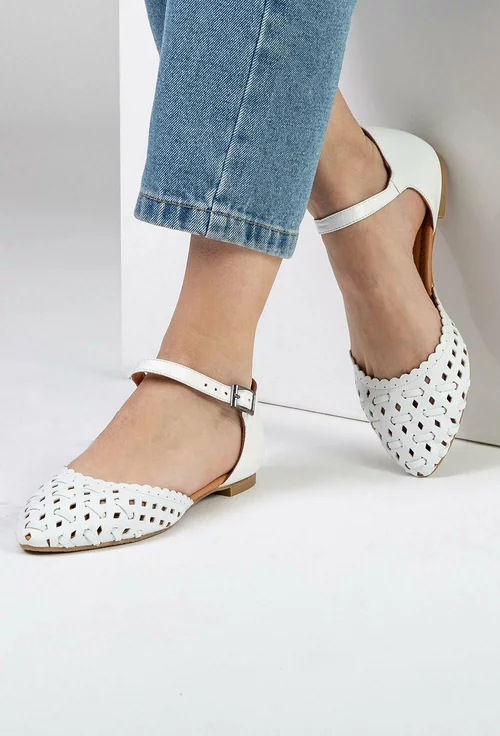 Balerini albi impletiti din piele naturala cu bareta - Dasha.ro