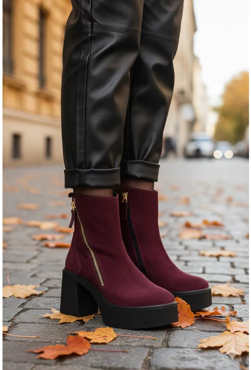 Botine dama burgundy din piele intoarsa cu fermoar decorativ - Dasha.ro