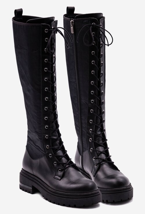 Cizme inalte din piele cu siret in fata - Dasha.ro