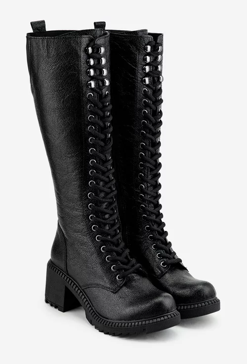 Cizme negre din piele texturata prevazute cu siret si fermoar - Dasha.ro