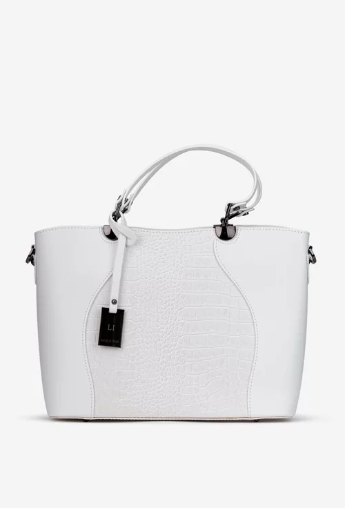 Geanta dama din piele naturala alba cu model - Dasha.ro