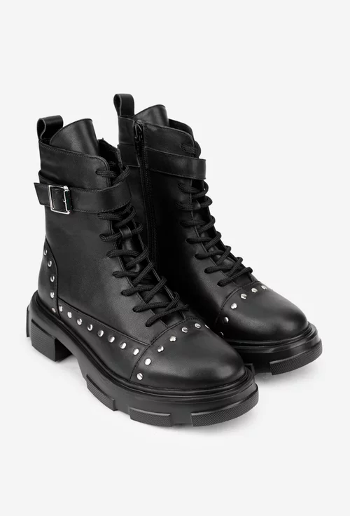 Ghete dama negre din piele naturala accesorizate - Dasha.ro