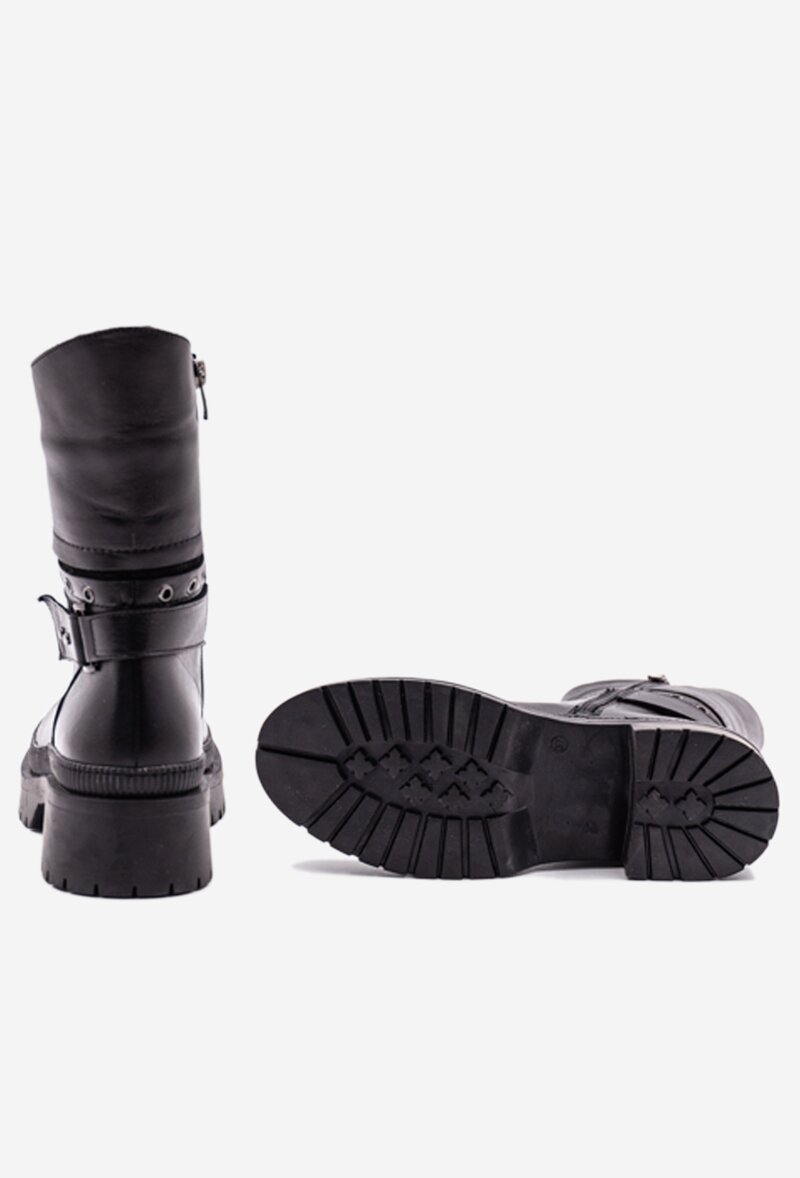 Ghete negre din piele box cu detaliu curea si talpa zimtata - Dasha.ro