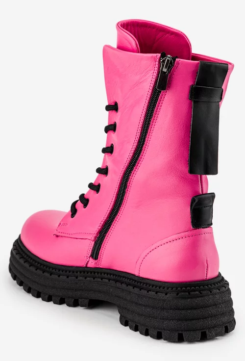 Ghete roz din piele cu detalii negre si fermoar oblic - Dasha.ro
