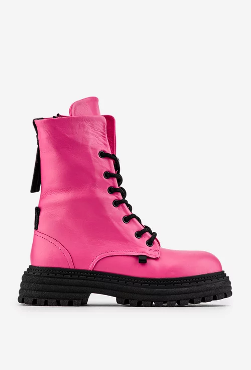 Ghete roz din piele cu detalii negre si fermoar oblic - Dasha.ro