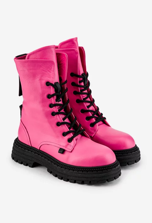 Ghete roz din piele cu detalii negre si fermoar oblic - Dasha.ro