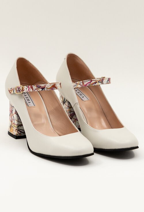 Pantofi albi din piele cu detalii cu imprimeu colorat - Dasha.ro