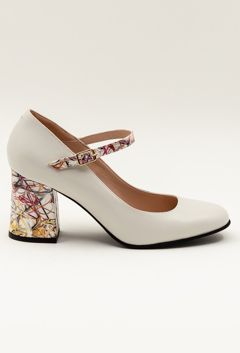 Pantofi albi din piele cu detalii cu imprimeu colorat - Dasha.ro