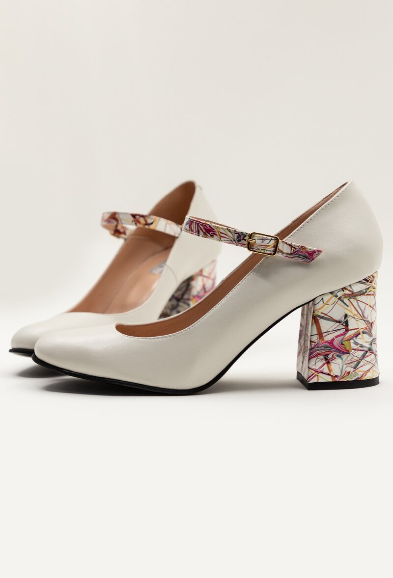 Pantofi albi din piele cu detalii cu imprimeu colorat - Dasha.ro