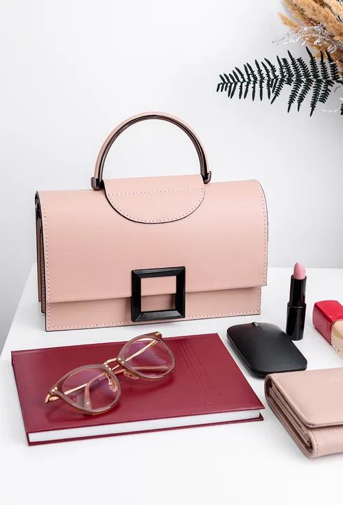 Poseta dama roz pudra din piele naturala cu detaliu negru - Dasha.ro