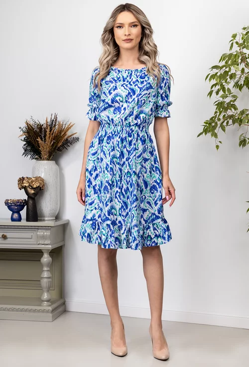 Rochie cu imprimeu colorat si elastic in talie - Dasha.ro