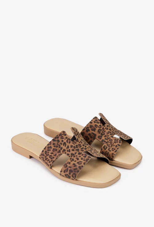 Sandale dama tip papuc din piele maro animal print - Dasha.ro