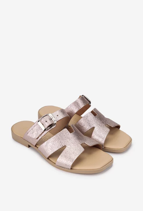 Sandale stil papuc dama aurii roze din piele sidefata - Dasha.ro