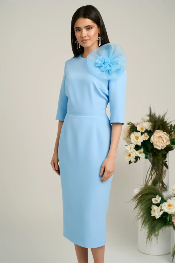 Rochie Dy Fashion de ocazie din stofa bleu cu floare maxi - DyFashion