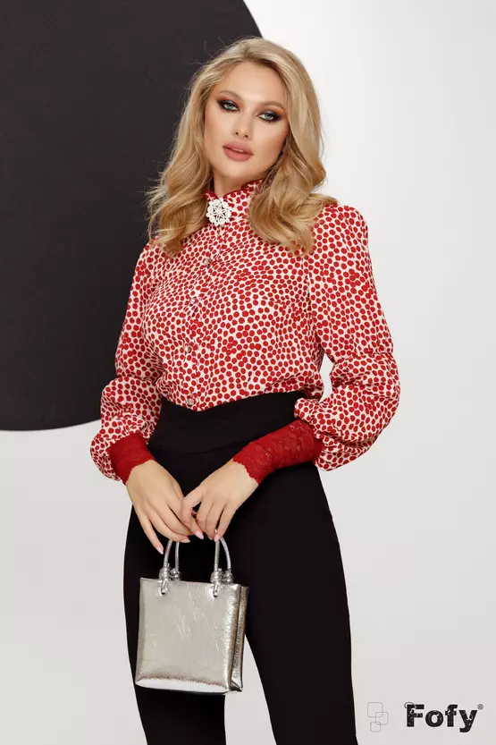 Bluză dama elegantă Fofy cu buline rosii mansete late din dantela si ...