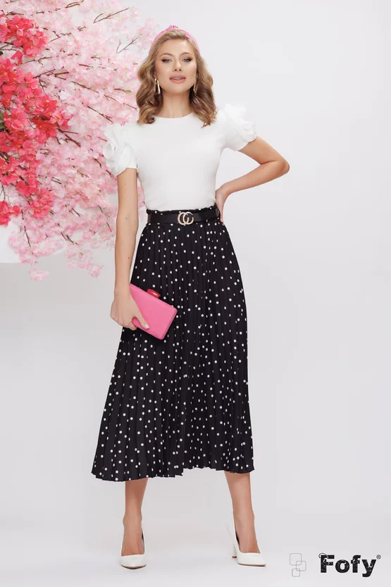 Fusta eleganta neagra midi plisata satinata cu imprimeu buline centura ...