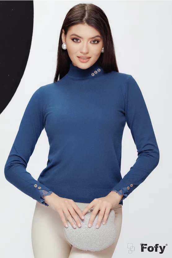 Pulover dama albastru petrol tip helanca cu dantela la mansete si ...