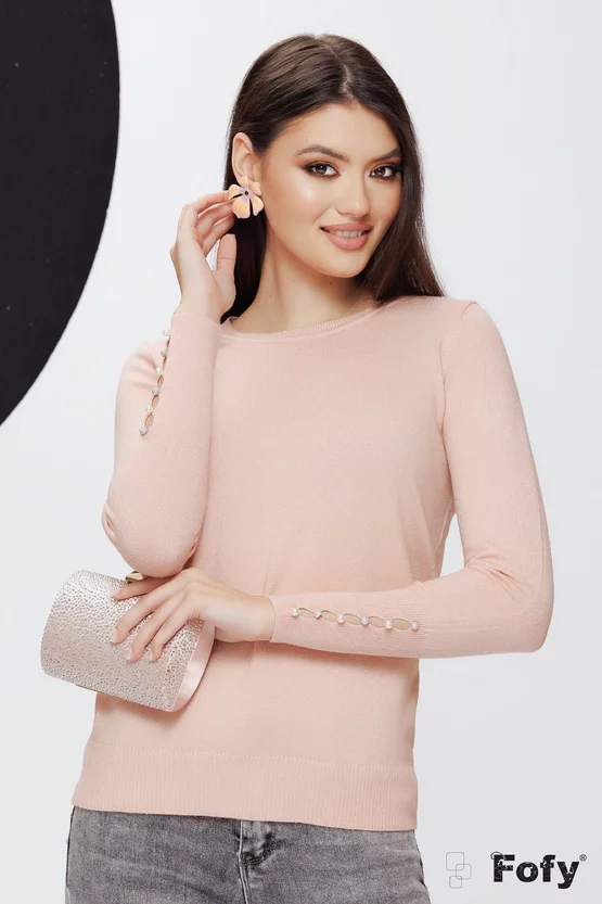 Pulover dama elegant roz cu fir de lurex manseta lata despicata cu ... Pulover dama elegant roz cu fir de lurex manseta lata despicata cu ...