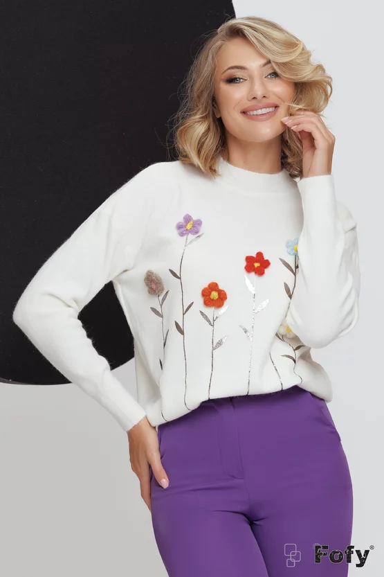 Pulover dama premium alb cu floricele 3D si tulpini din pelicula ...