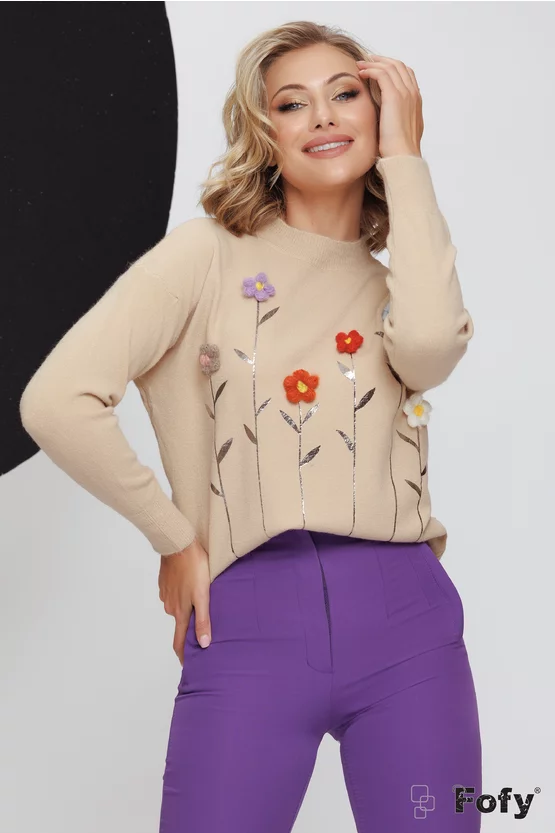 Pulover dama premium bej cu floricele 3D si tulpini din pelicula ...
