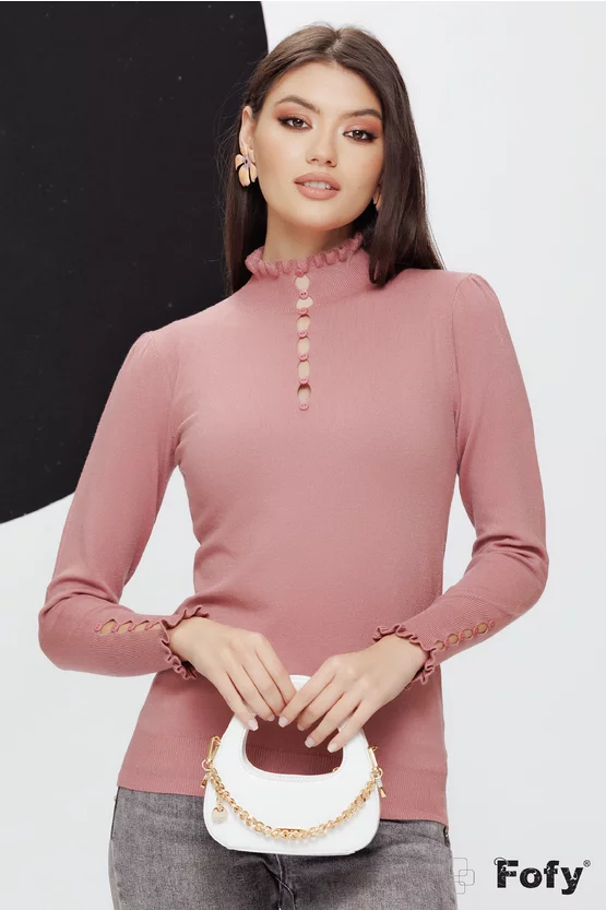 Pulover dama premium roz inchis cu mansete late volanase si nasturasi ...