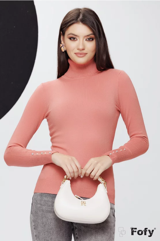 Pulover dama premium roz somon cu casmir si bumbac cu aplicatii de ...