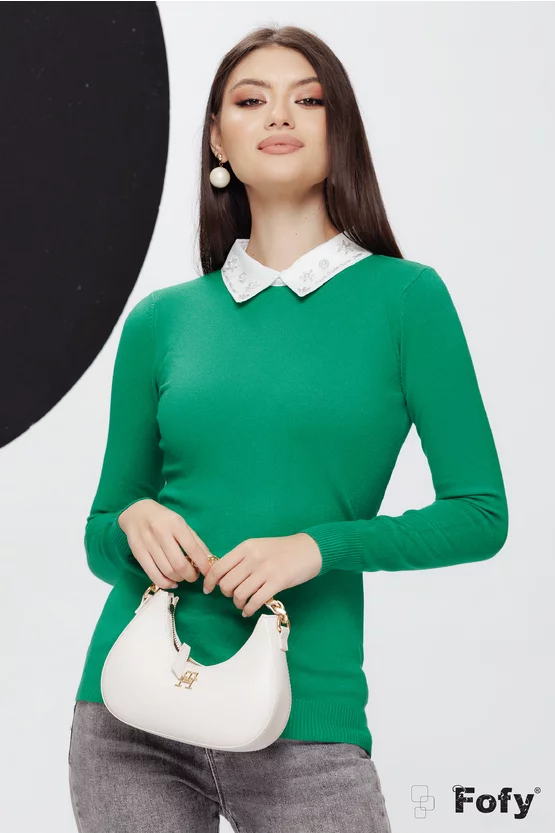Pulover dama premium verde tonic cu modal si guler alb brodat manual cu ...
