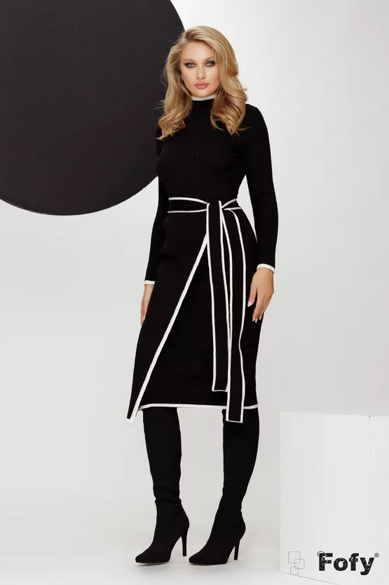 Rochie dama tricotata neagra cu contururi albe • Fofy Shop