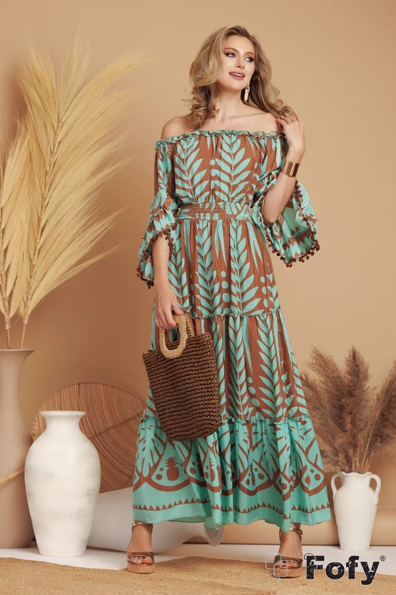 Rochie de vara lunga boho premium din matase naturala pe umeri si ...