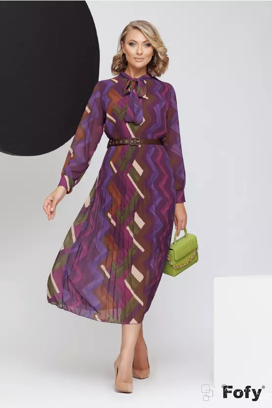 Rochie eleganta din voal plisat imprimeu tomnatic mov cu centura • Fofy ...