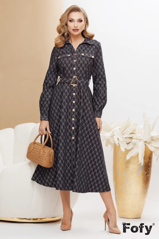 Rochie premium de blug negru imprimat cu nasturi metalici si centura ...