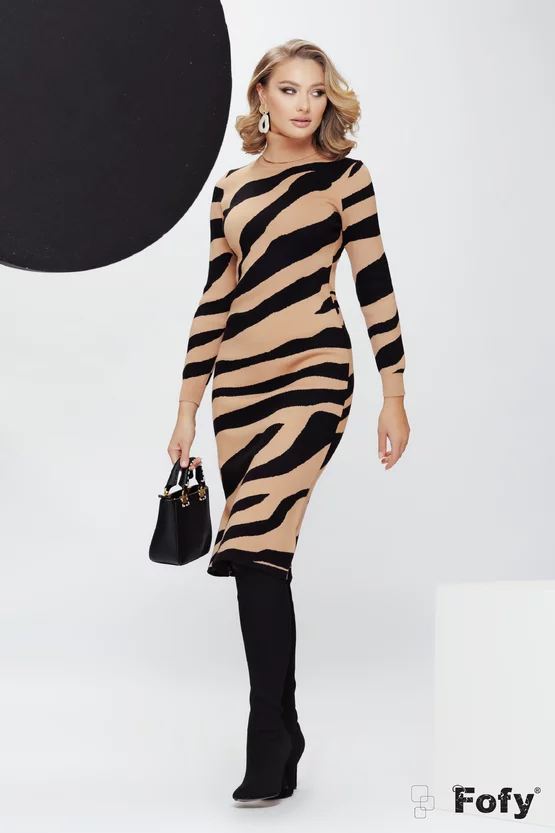 Rochie tricotata lunga si groasa din vascoza premium zebra bej negru ...