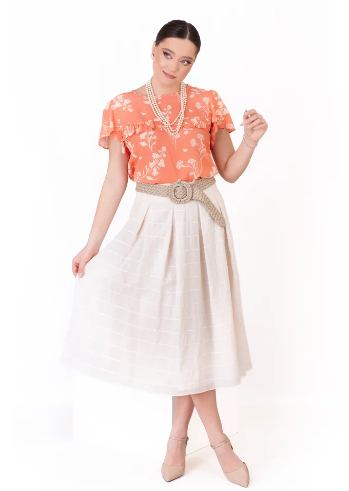 Bluza fuzz peach cu volanas din vascoza florala