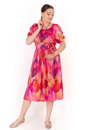 Rochie din vascoza color muse cu imprimeu abstract in nuante radiante ...