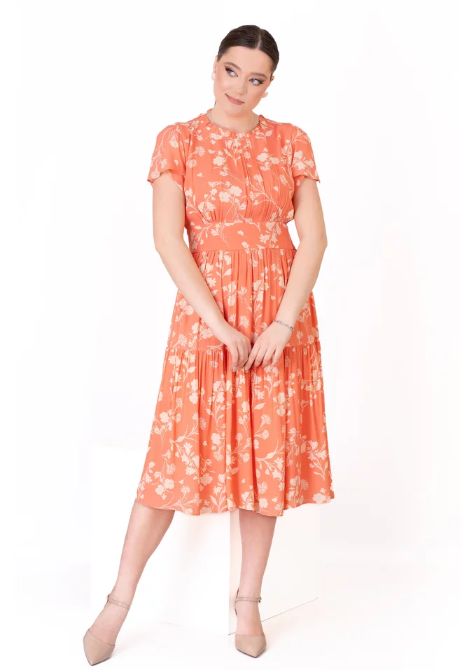 Rochie fuzz peach cu volanas la decolteu din vascoza florala