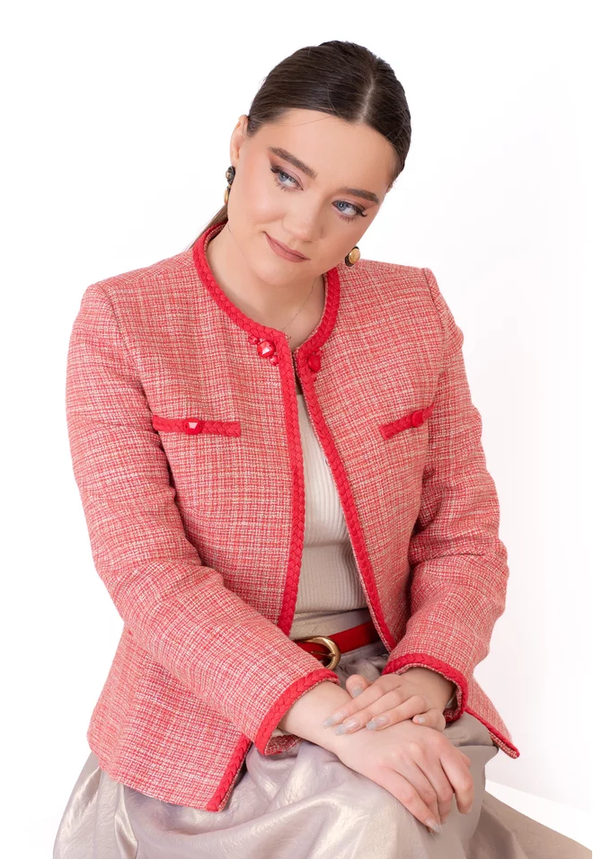 Sacou din tweed glittery raspberry cu continut ridicat de bumbac