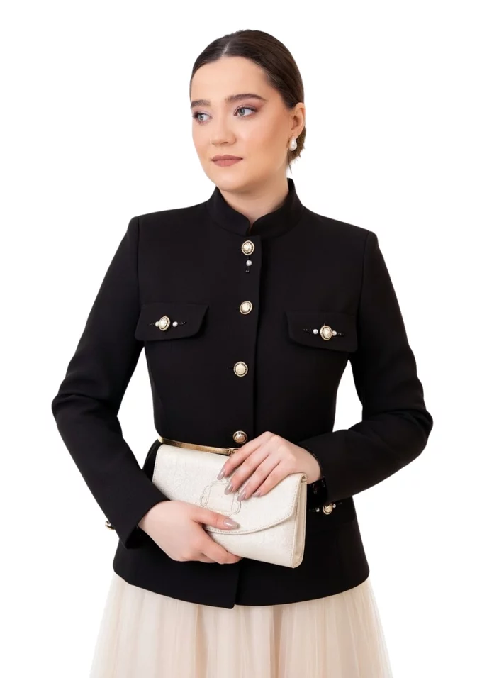 Sacou elegant negru din stofa cu nasturi tip perla