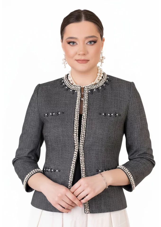 Sacou soft onix cu ciorchine de perle