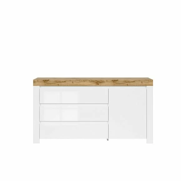 Comoda Holten KOM1D3S, 150x35.7x85 cm, Alb/Alb Lucios/Stejar Wotan