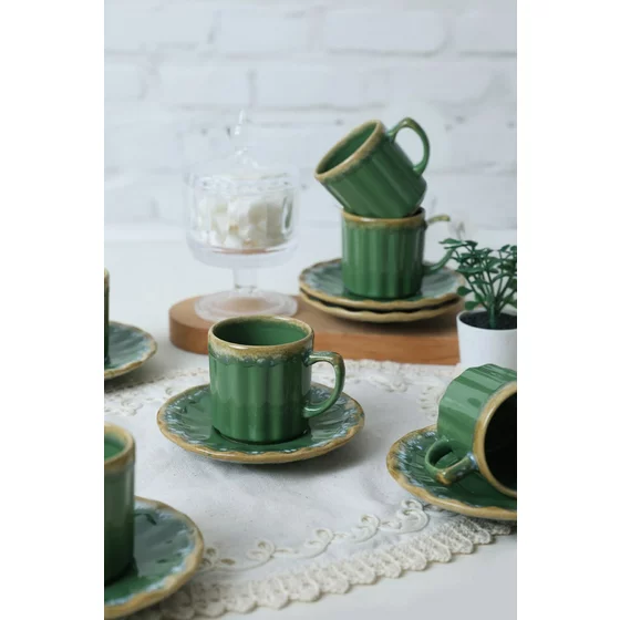 Set Cesti Cafea (12 bucati) Ivory-X00018092, Ceramica, Verde/Auriu ...