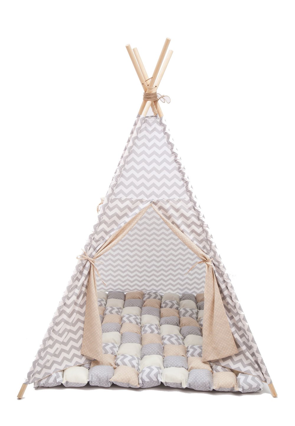 Cort teepee, crem cu gri, saltea de joaca inclusa