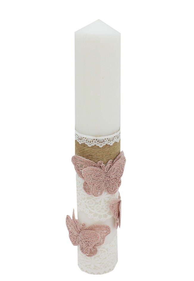 Lumanare botez, din ceara naturala, cu fluturasi roz, 35cm